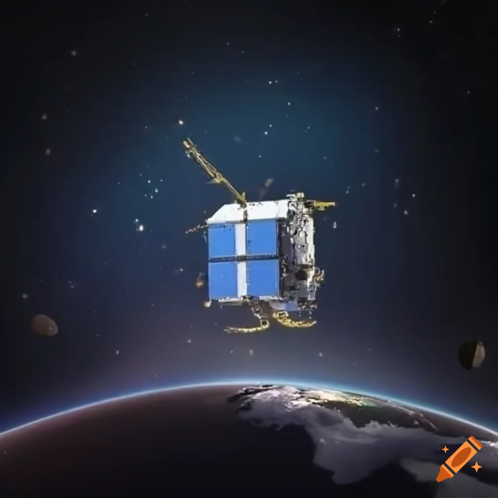 Sleek space cubesat with camera orbiting Earth near the space station ...