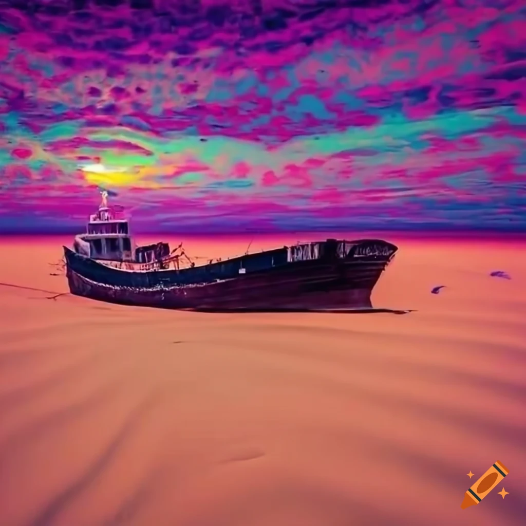 Oil tanker boat washed ashore in a psychedelic desert with ocean-like ...