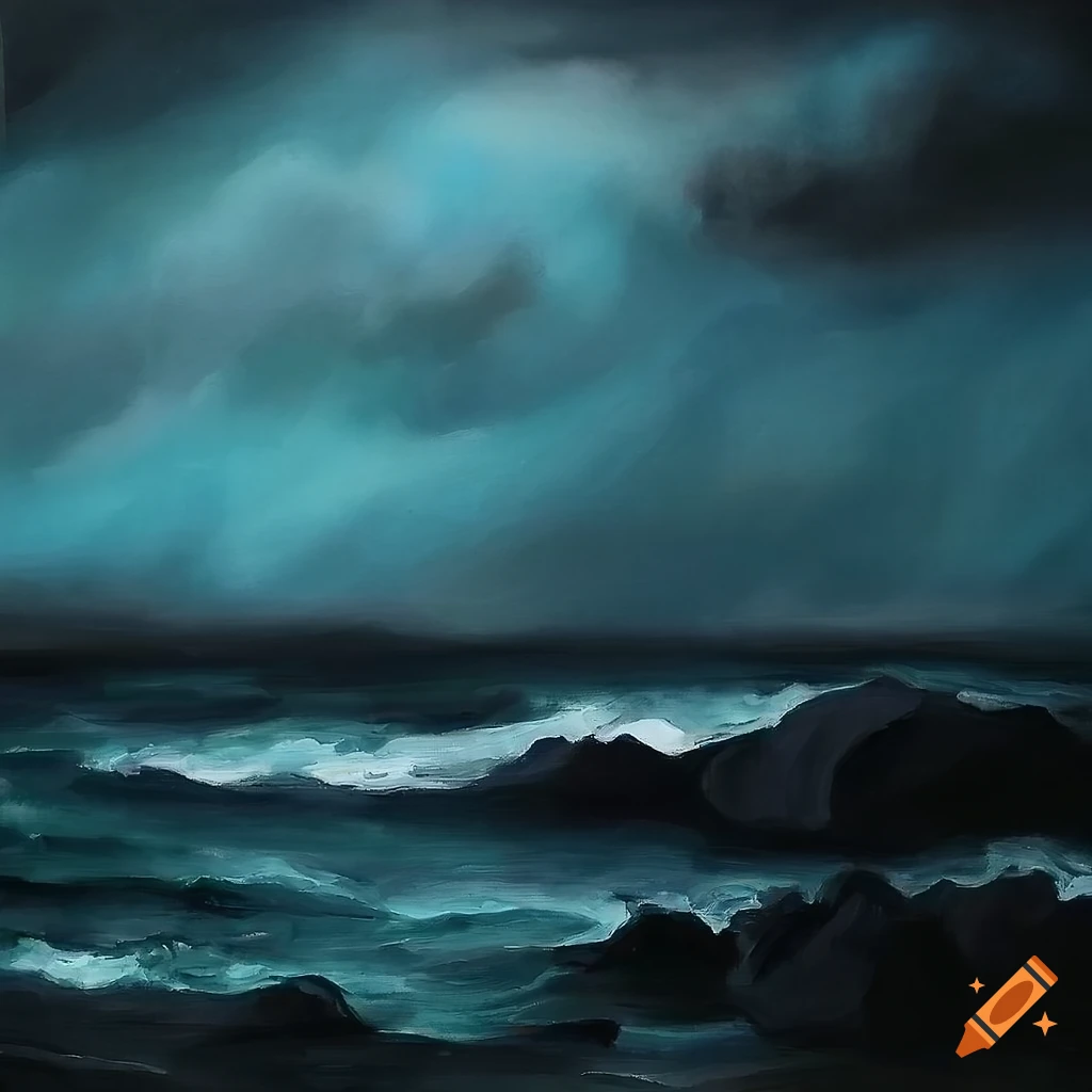 Stormy dark sea painting by rocks on Craiyon