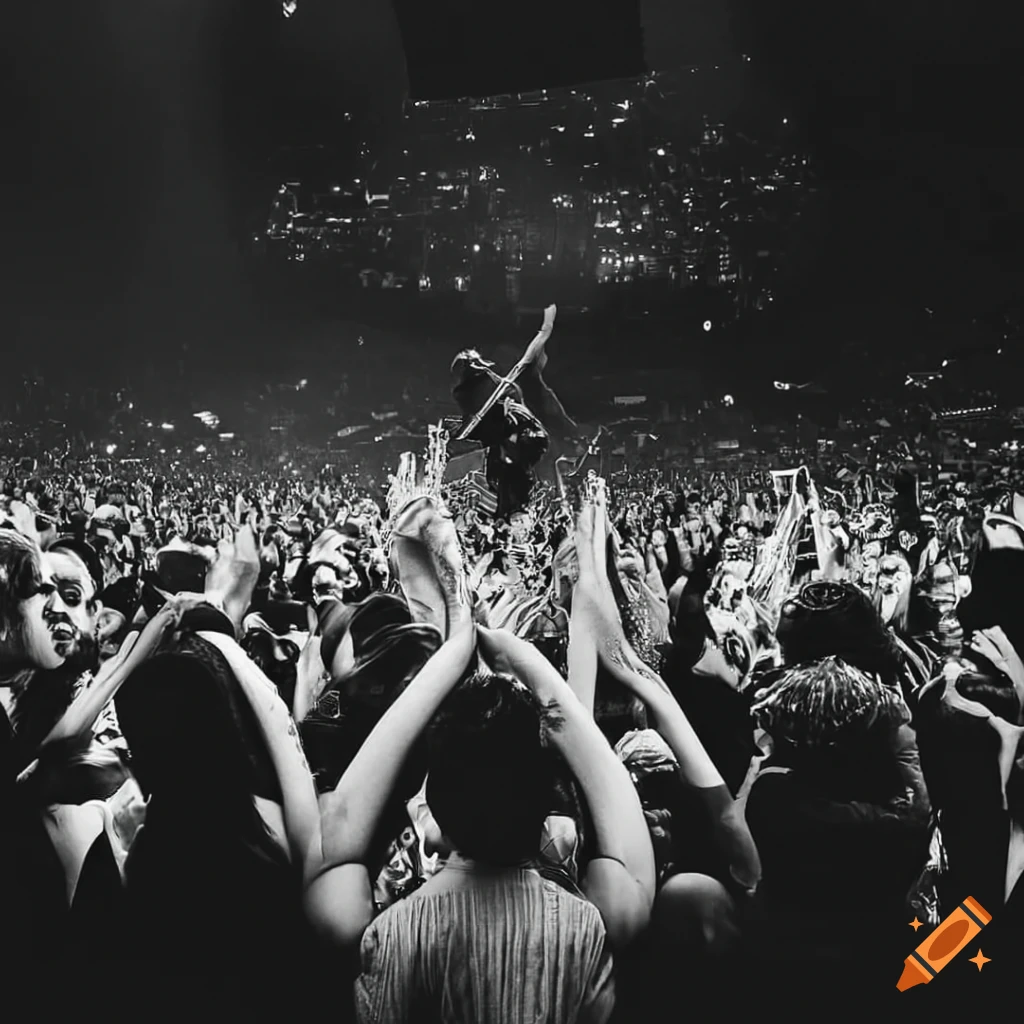 One direction concert poster with focus on the crowd in black and white ...