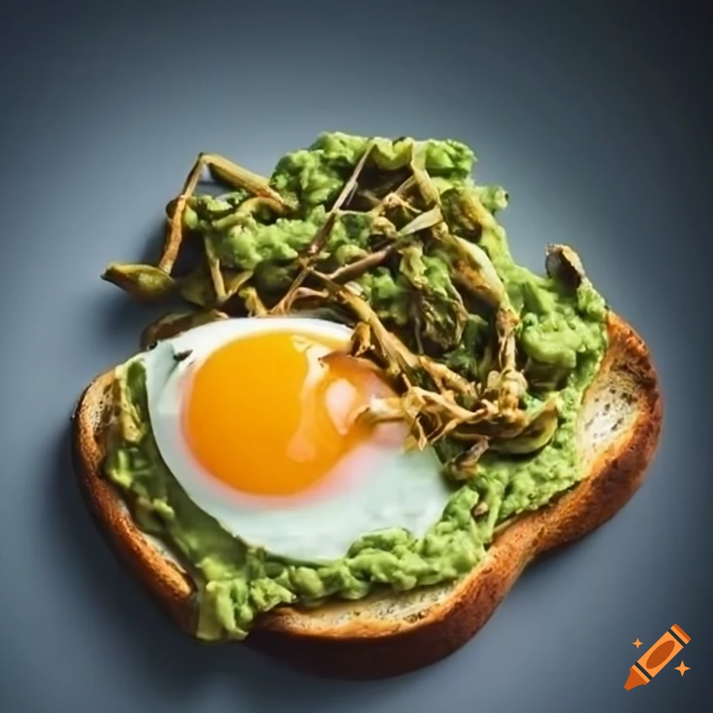 Delicious dish with grilled toast, eggs, guacamole, and fried crickets ...