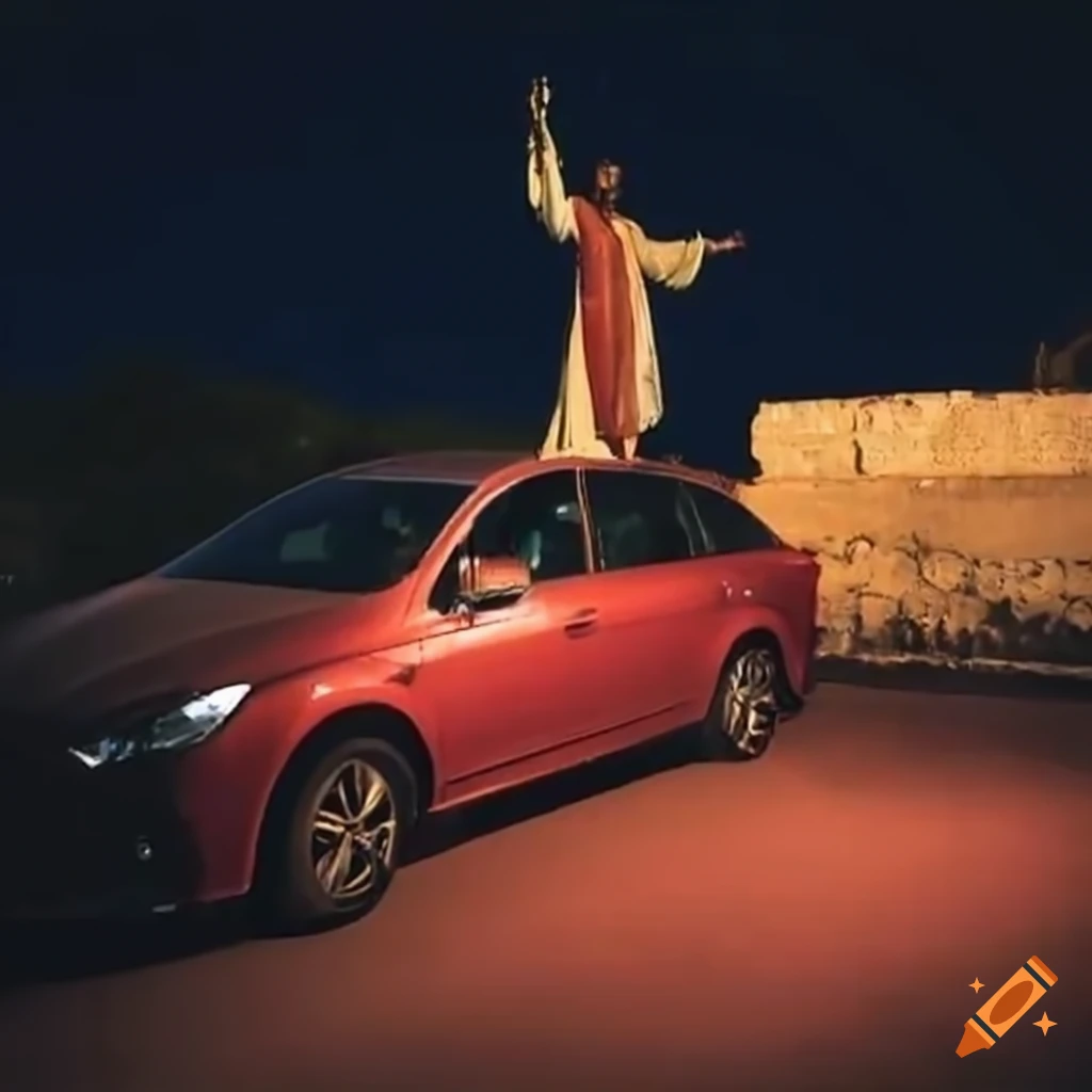 Jesus standing on a car in israel on Craiyon