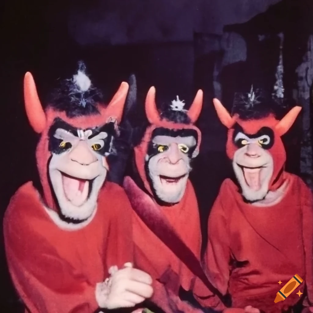 Group of monkeys in devil costumes at a psychedelic tea party in 1970s ...