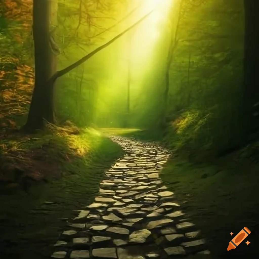 Cobbled path through enchanted forest in midday sunshine on Craiyon