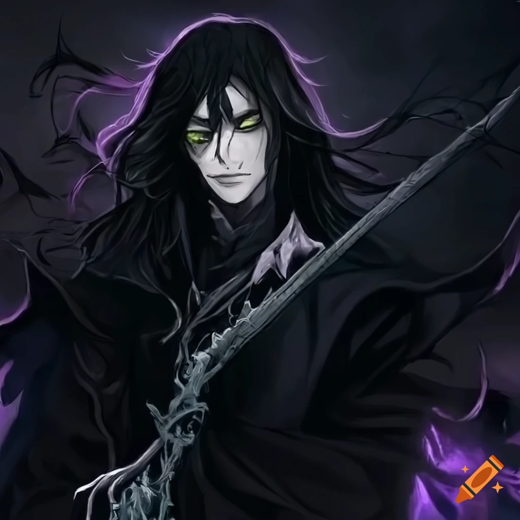 Gothic necromancer man in black cloak with purple glowing eyes and ...