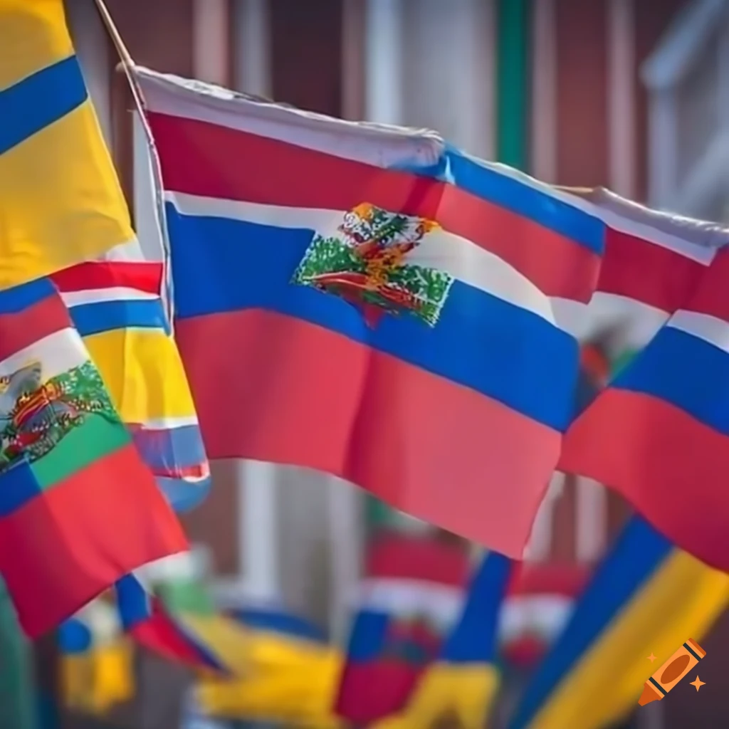 Vibrant scene of haitian flags waving above bustling streets on Craiyon