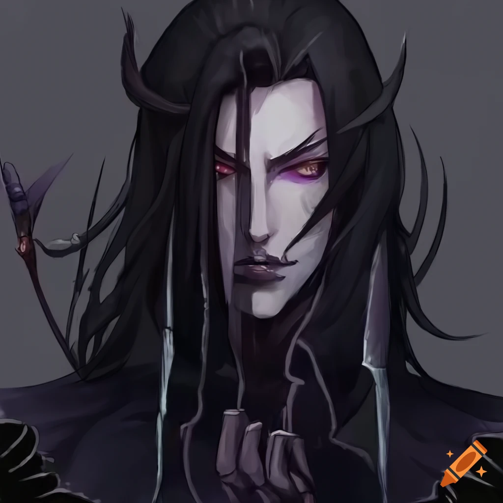 Gothic necromancer man with glowing purple eyes and staff in a ...