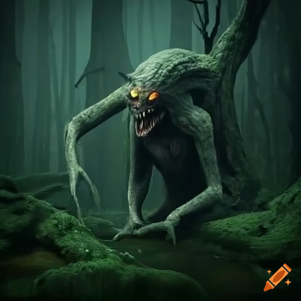 Evil creature in a dark, magical forest with gnarled trees on Craiyon