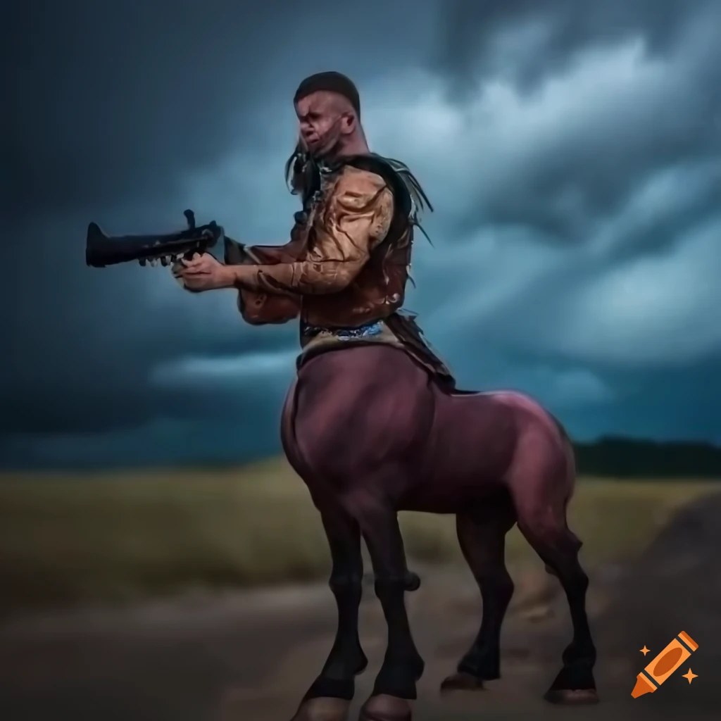Intricately detailed wealthy centaur with a revolver in a stormy sky on ...