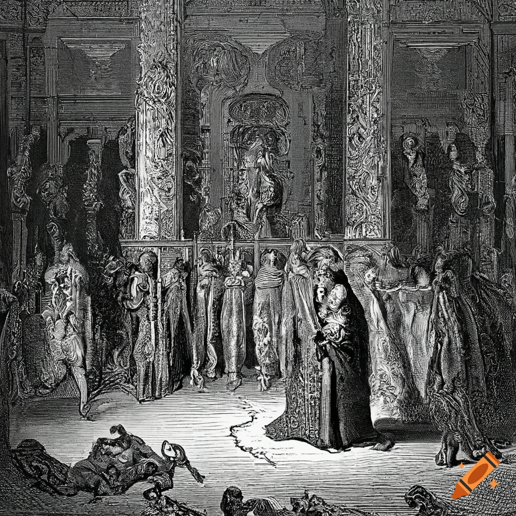 Monarch with loyal knights in a grand throne room, Gustave Dore ...