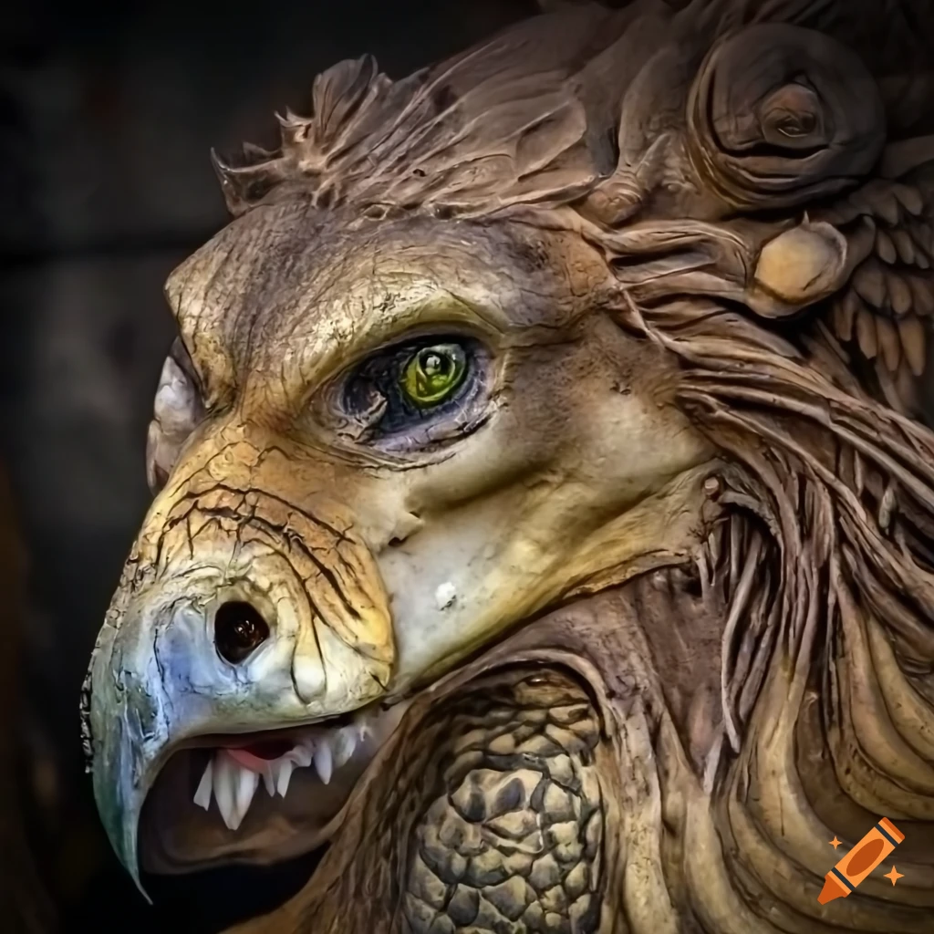Mythical creature with lion body, gryphon wings, turtle head, and ten ...