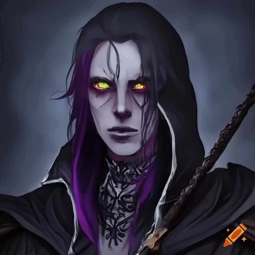 Gothic necromancer with staff and purple glowing eyes on Craiyon