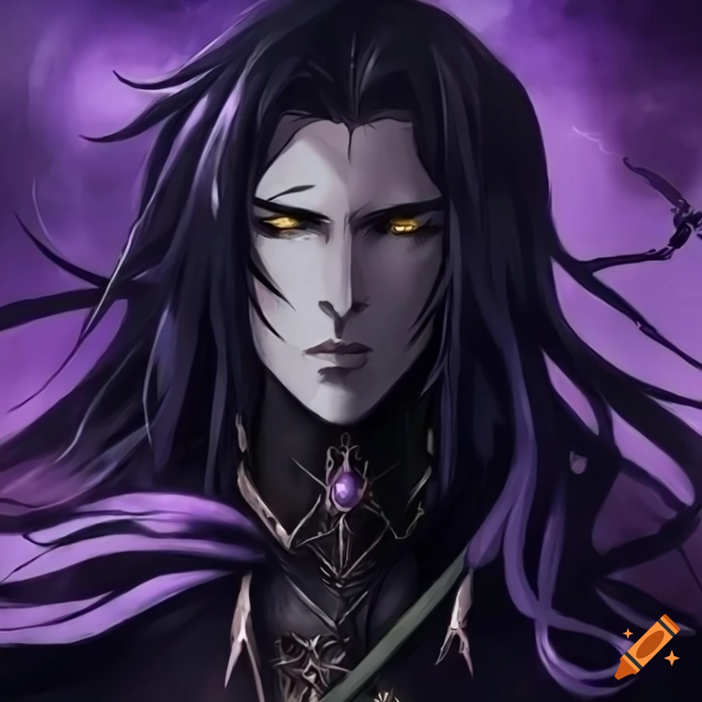 Gothic necromancer with purple glowing eyes and black cloak holding a ...