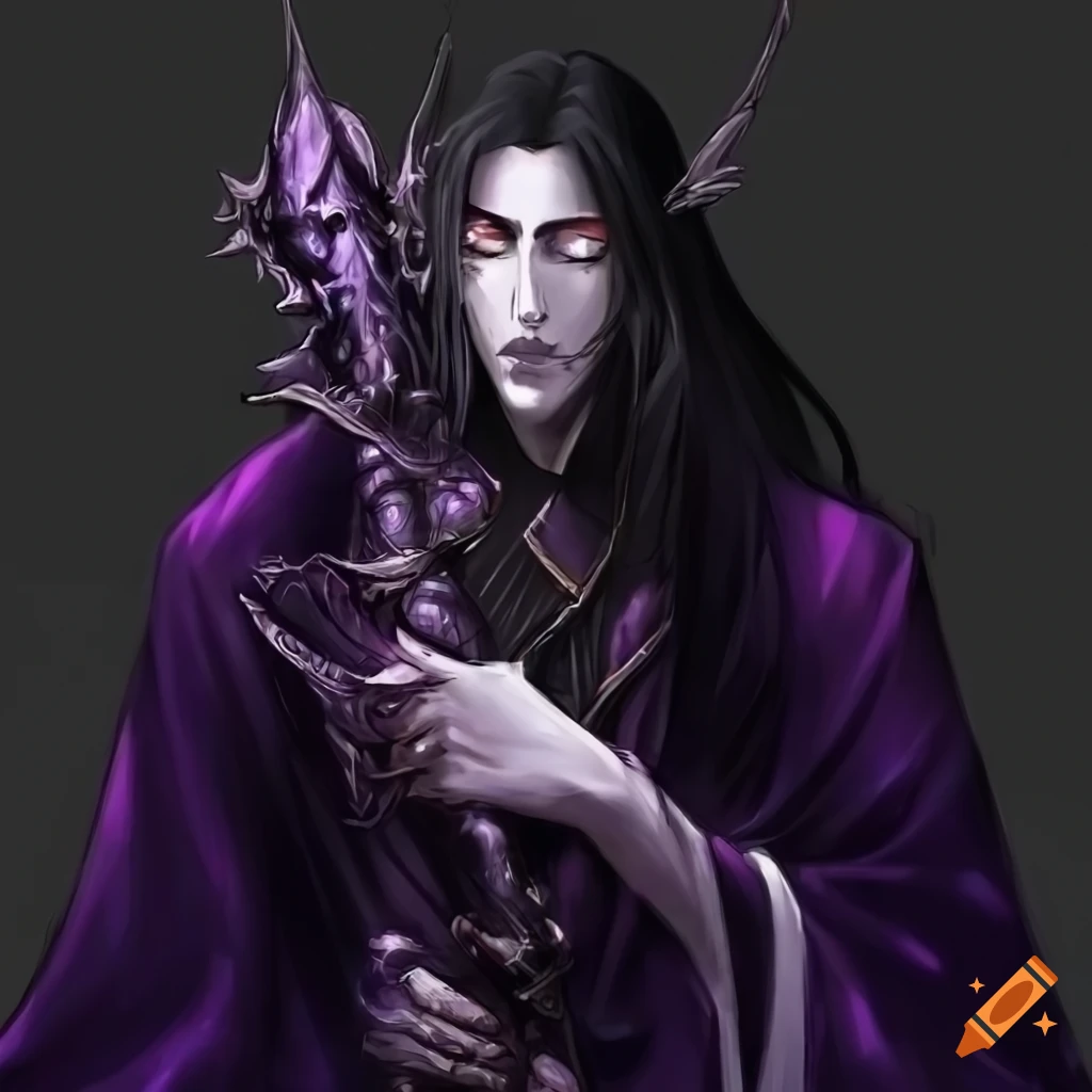 Gothic necromancer with purple glowing eyes and black cloak holding a ...