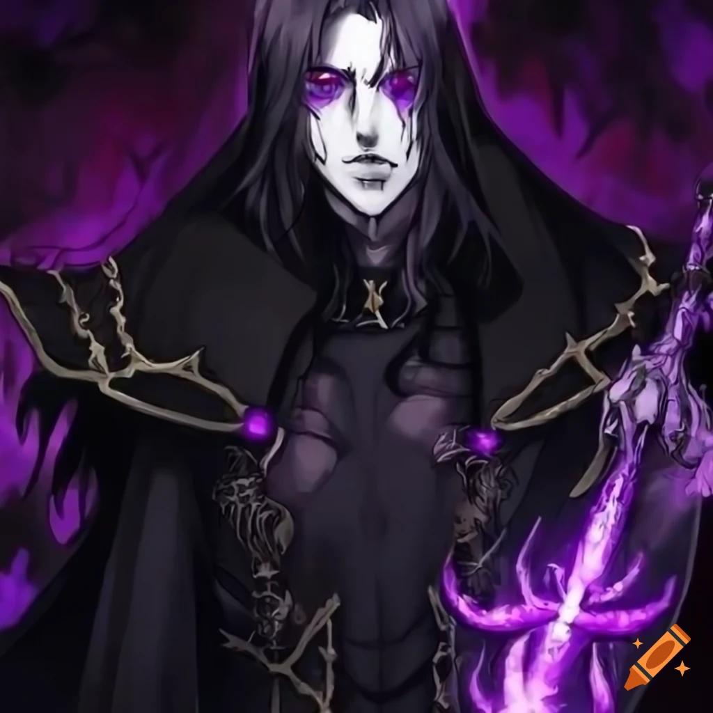 Gothic necromancer with purple glowing eyes and black cloak holding a ...