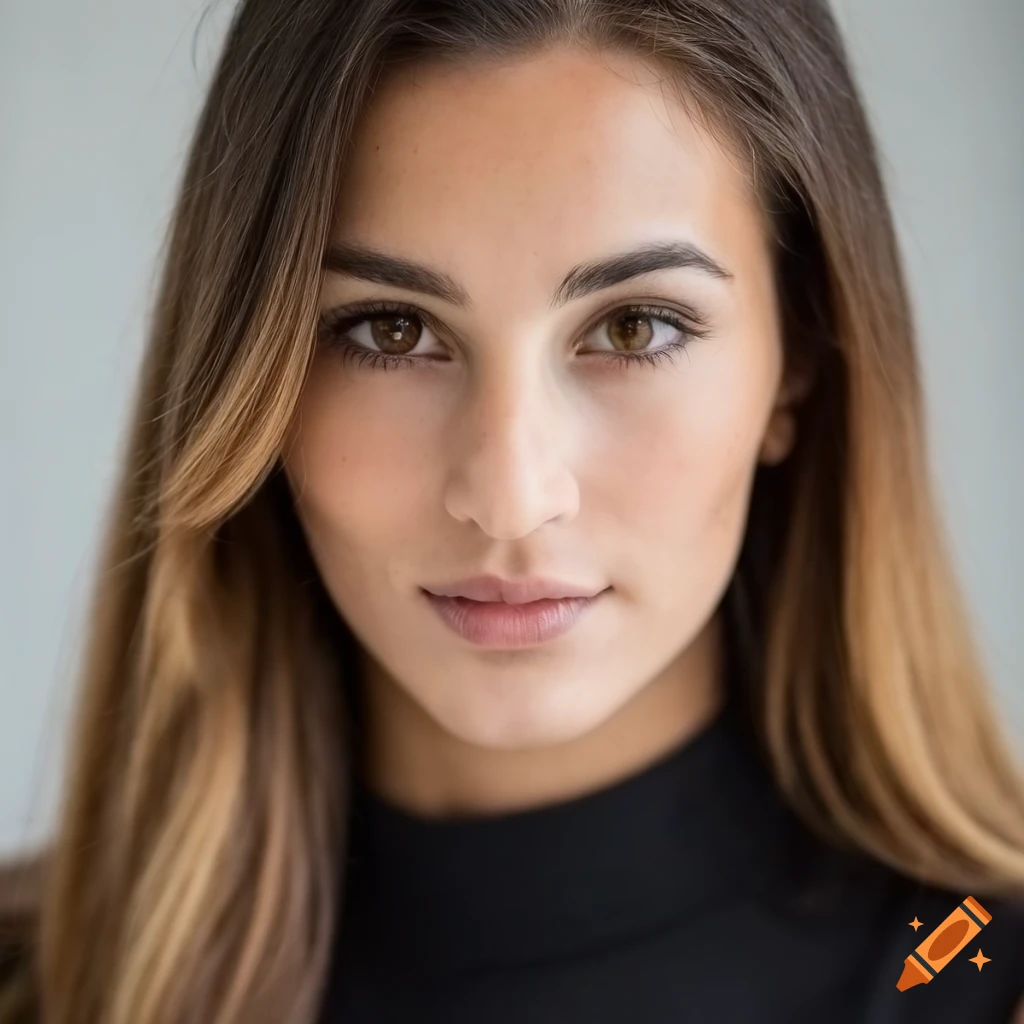 Headshot of a beautiful 24-year-old woman with brown eyes and a serious ...