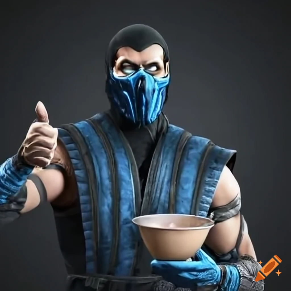 Sub-Zero from Mortal Kombat holding a bowl of cereal and giving a thumbs up on Craiyon