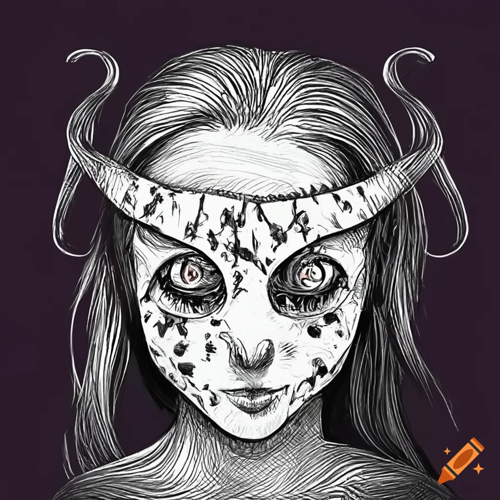 Girl with a half monster, half human mask in black and white sketch on ...