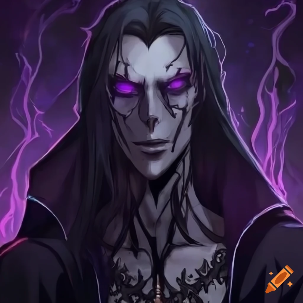 Gothic necromancer man with purple glowing eyes and long black cloak on ...