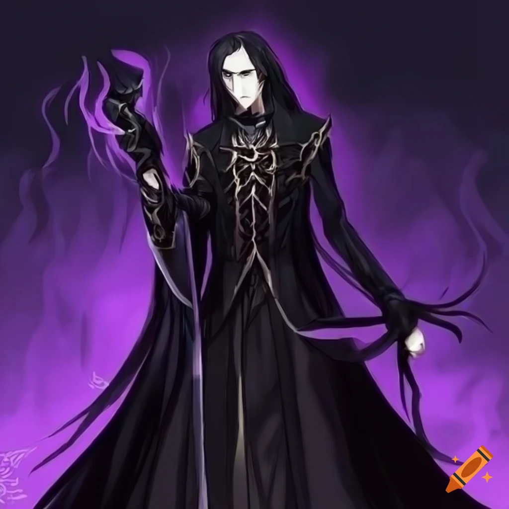 Gothic necromancer with purple glowing eyes and black cloak holding a ...