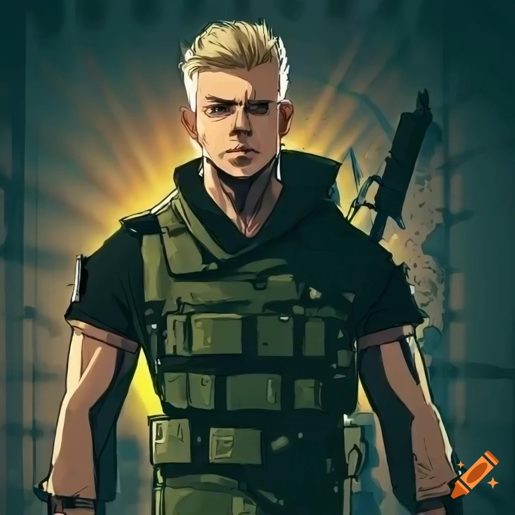 Handsome man in tactical black military uniform in modern comic book ...