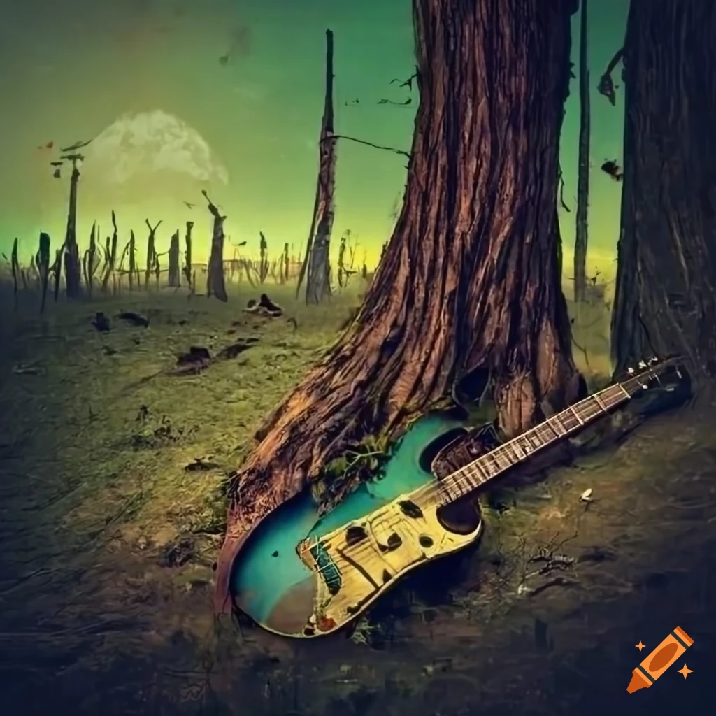 Post apocalyptic landscape with overgrown electric guitar near a tree ...