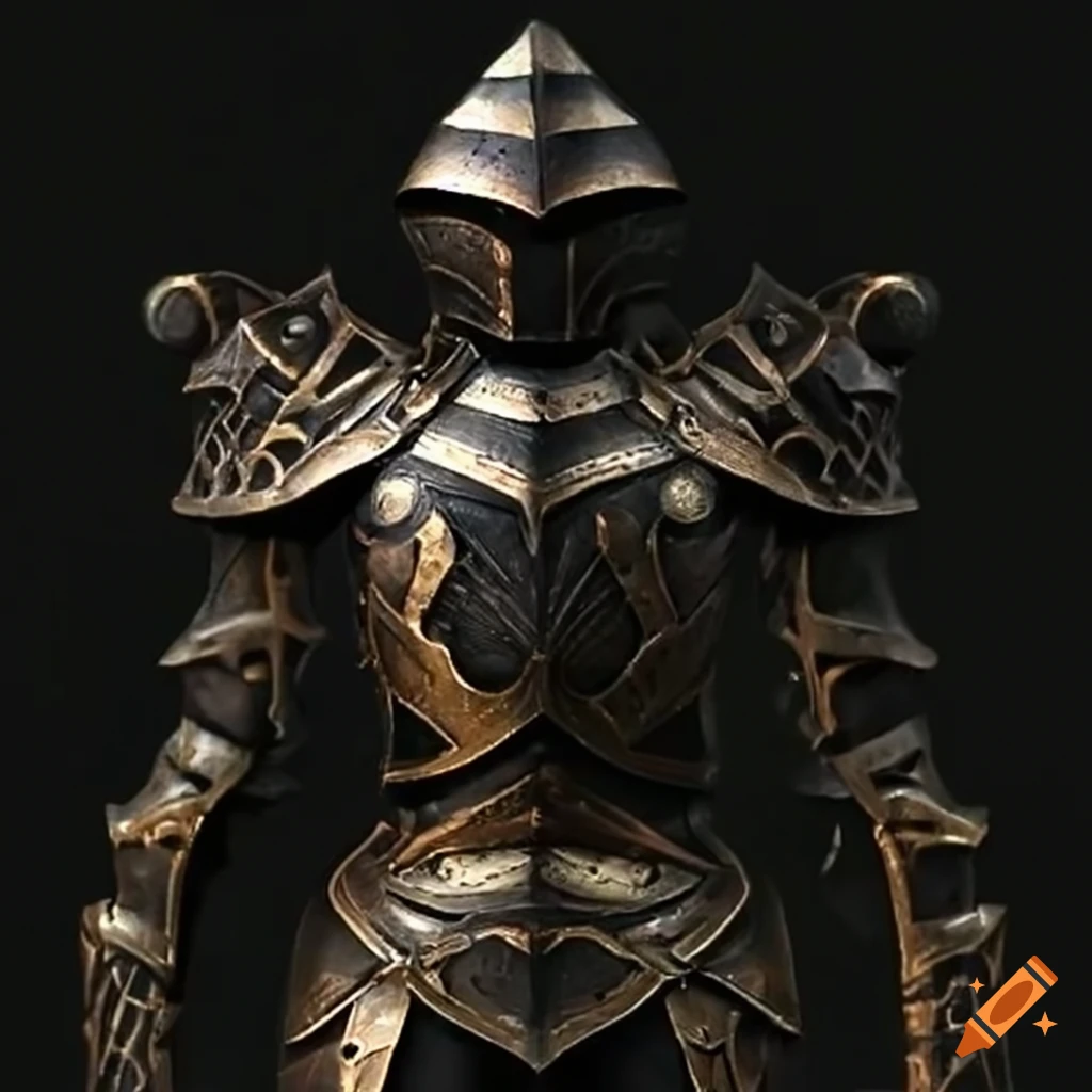 Front view of intricately decorated magic armored suit on Craiyon