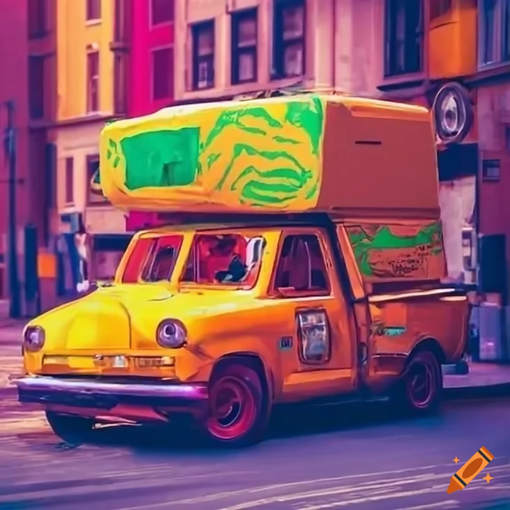 Taco delivery car on a vibrant city street on Craiyon