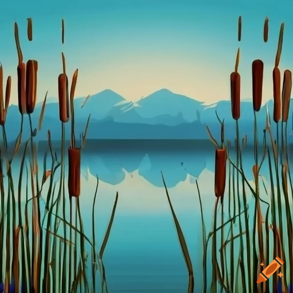 Cattails by a lake with a mountain backdrop on Craiyon