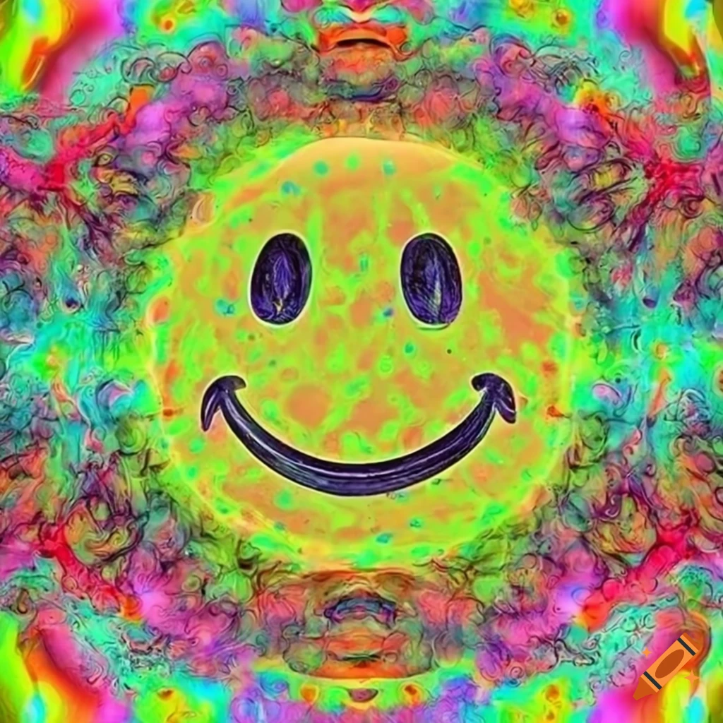 Yellow smiley face in a trippy abstract design with bright colors on ...