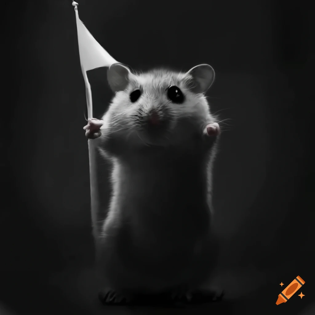 Sad hamster charging into battle holding a flag in dramatic lighting on ...
