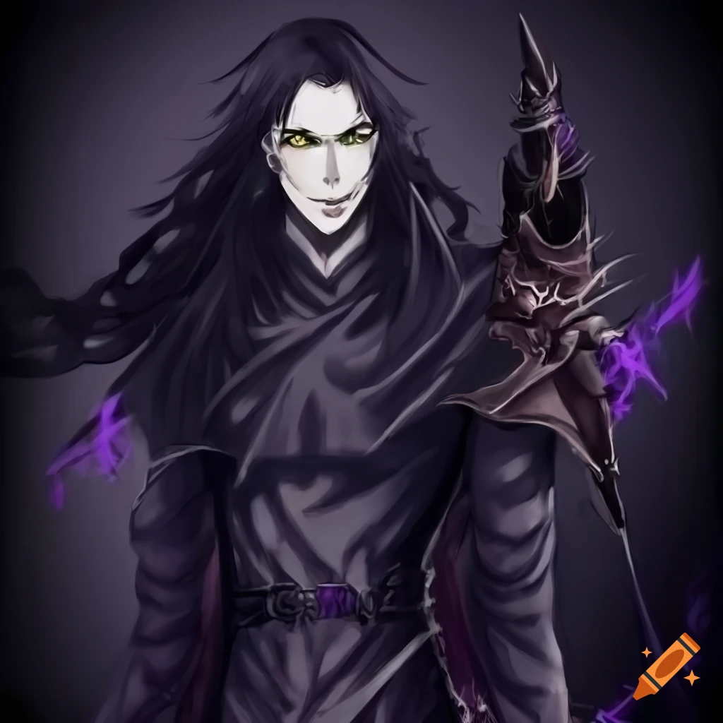 Gothic necromancer with purple glowing eyes and black cloak holding a ...