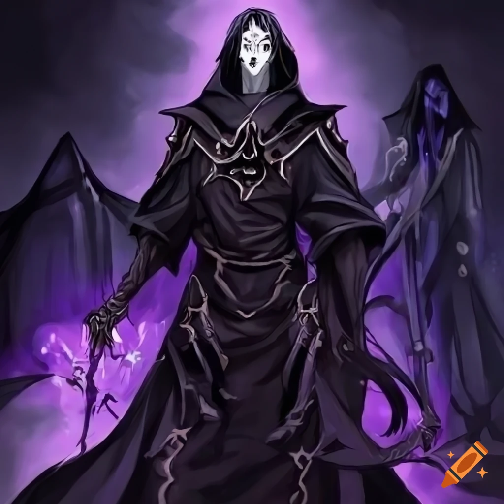 Gothic necromancer with purple glowing eyes and staff on Craiyon