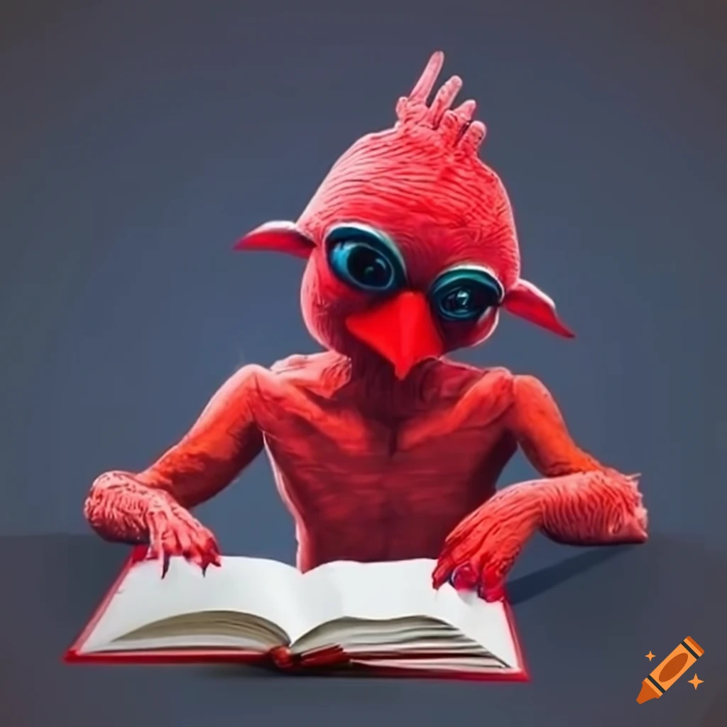 Humanoid red bird reading the bible on Craiyon