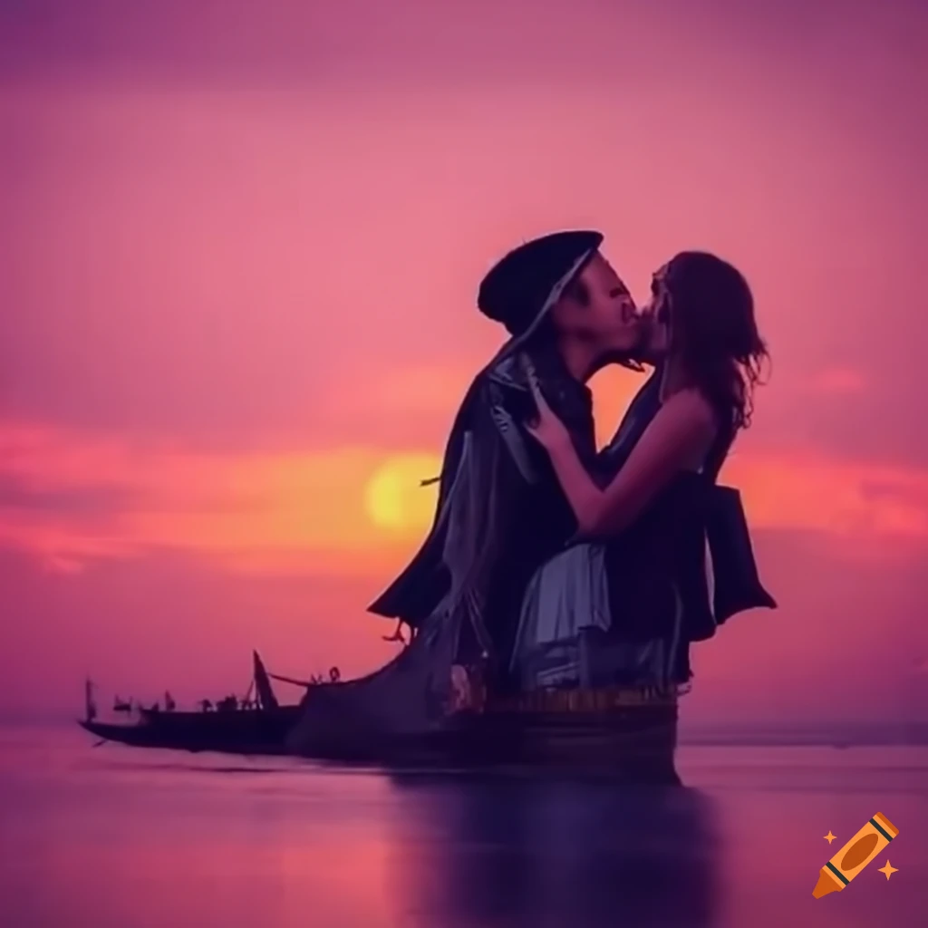 Pirate lovers sharing a tender moment on a ship under a pink sunset on ...