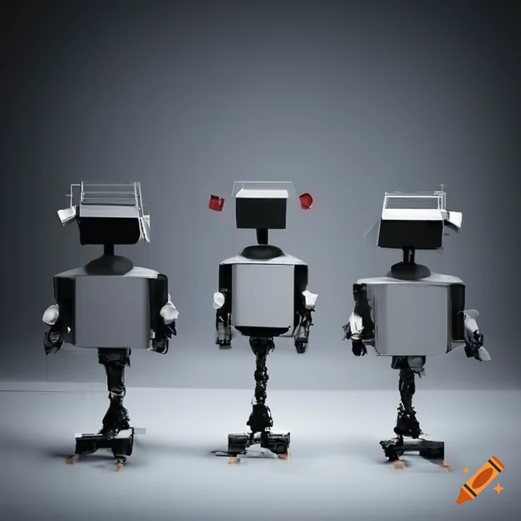 Art installation of three robots with blank signs on Craiyon