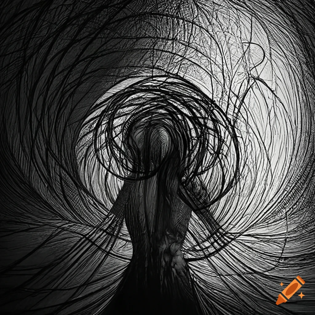 Striking 2D artwork with intricate lines and contrast depicting depth ...