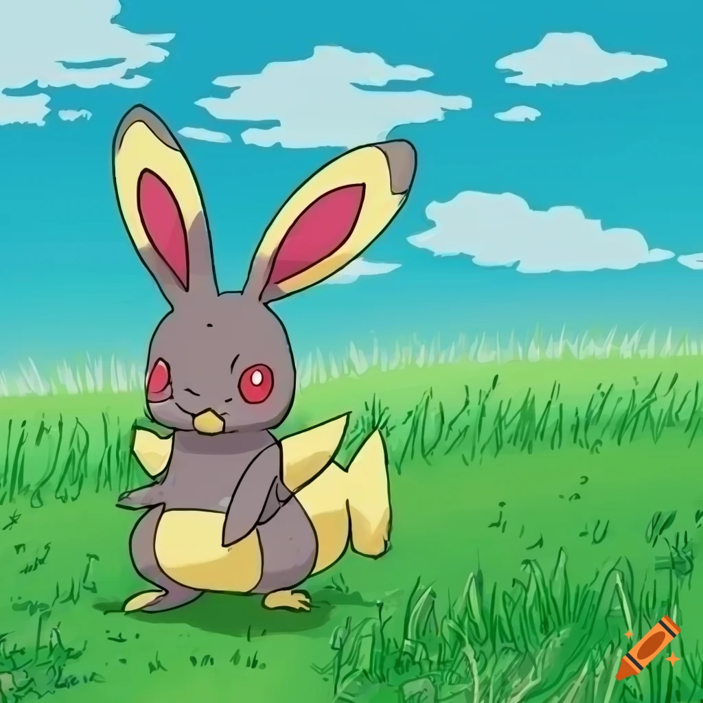 Anthropomorphic bunny Pokemon standing on a grassland on Craiyon