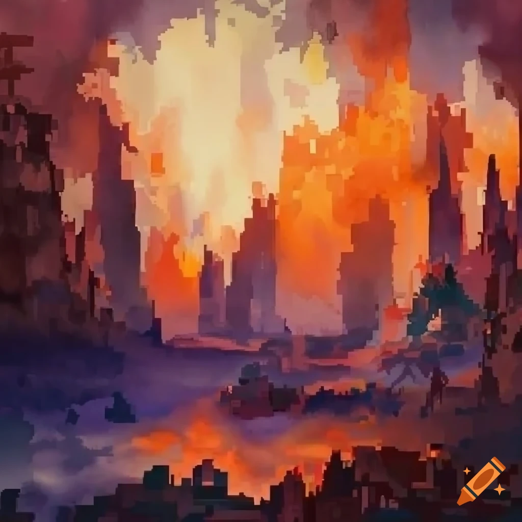 Pixelart watercolor painting of a paradisiac hell scene in neoclassical ...