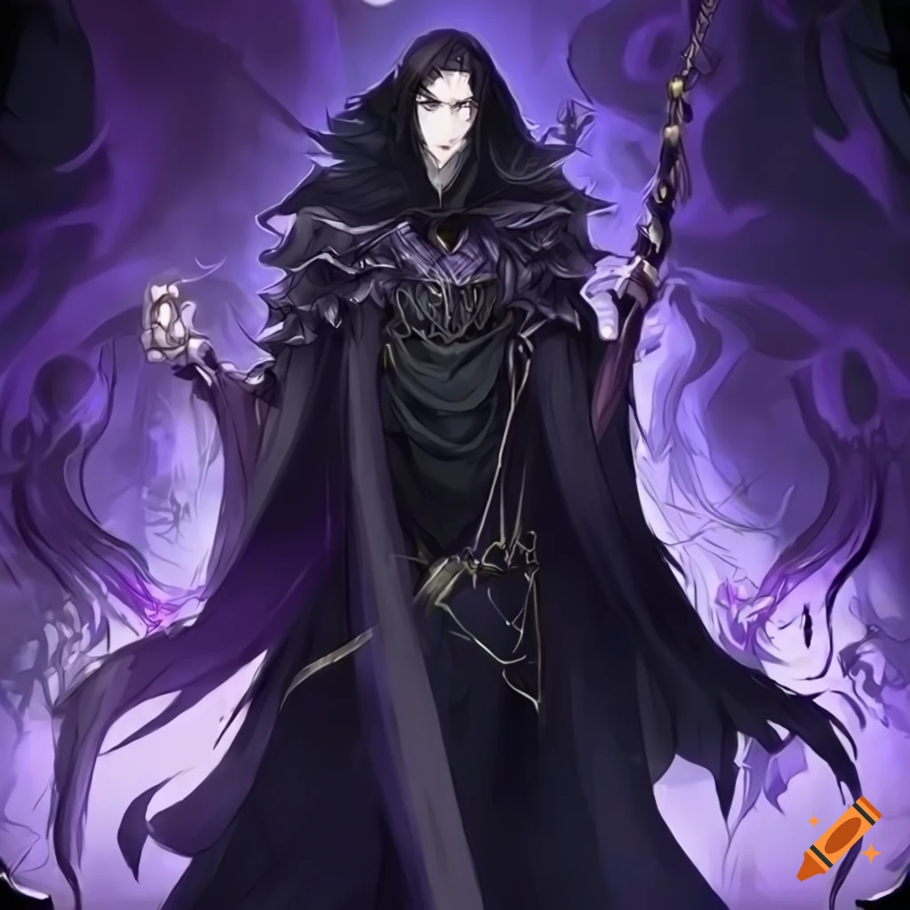 Gothic necromancer man with long black hair and purple glowing eyes ...