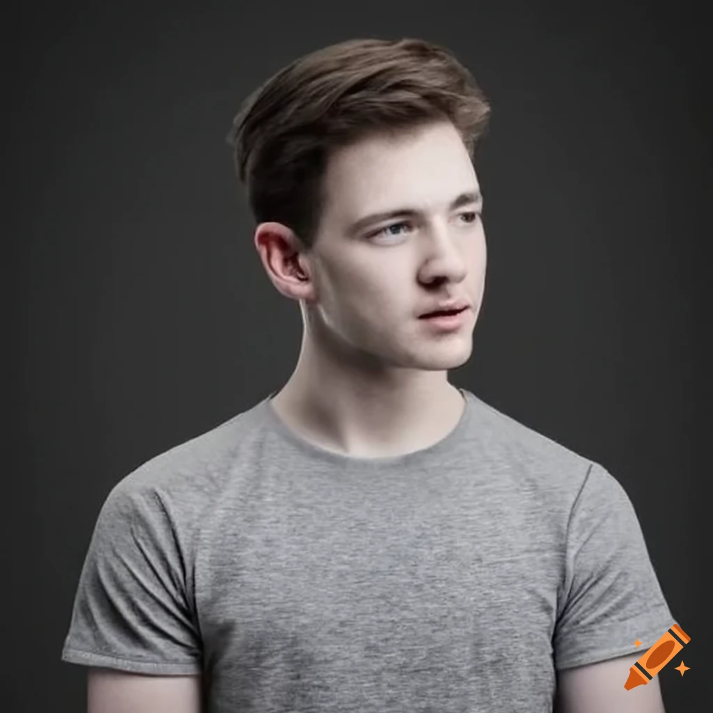 Young white guy in heather gray t-shirt on Craiyon
