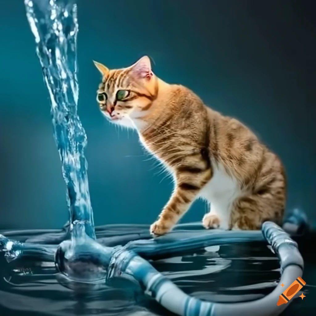 Curious cat playing with pipes and water on Craiyon