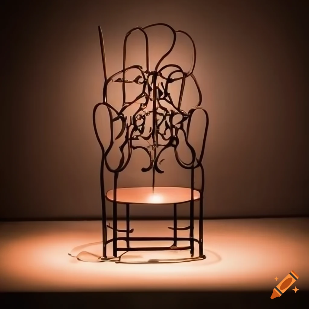 Artistic copper chair sculpture with intricate black tubing details on ...