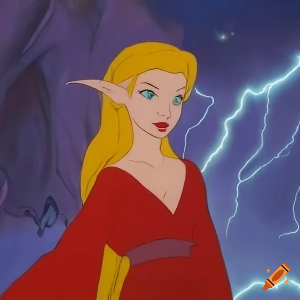 Close-up portrait of a blonde elf wizard with magical lightning sparks ...