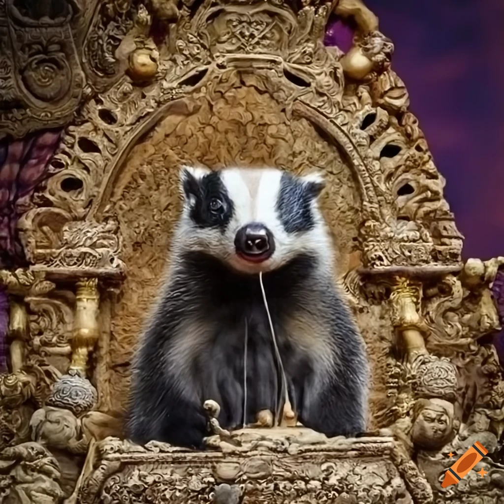 Impressive badger king in regal attire seated on a stone throne on Craiyon