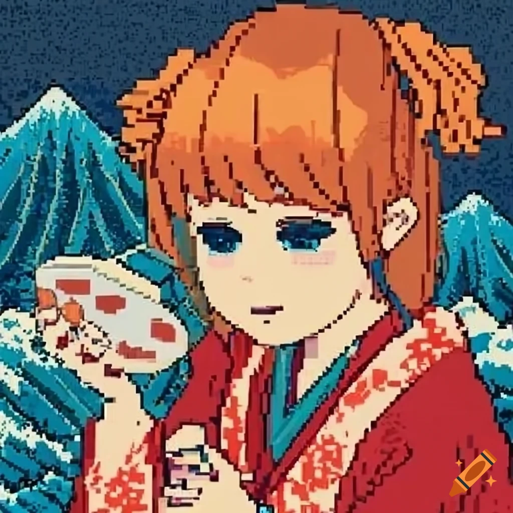 Hokusai ukiyo-e with chibi Asuka Langley enjoying bento in a zen garden ...