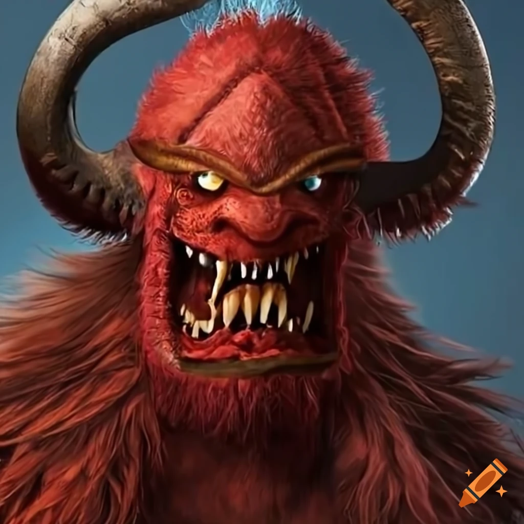 Red hairy monster with multiple eyes and limbs wearing a viking helmet ...