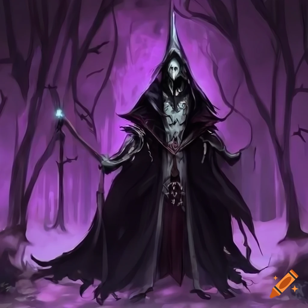 Gothic necromancer man with purple glowy eyes and long black cloak on ...