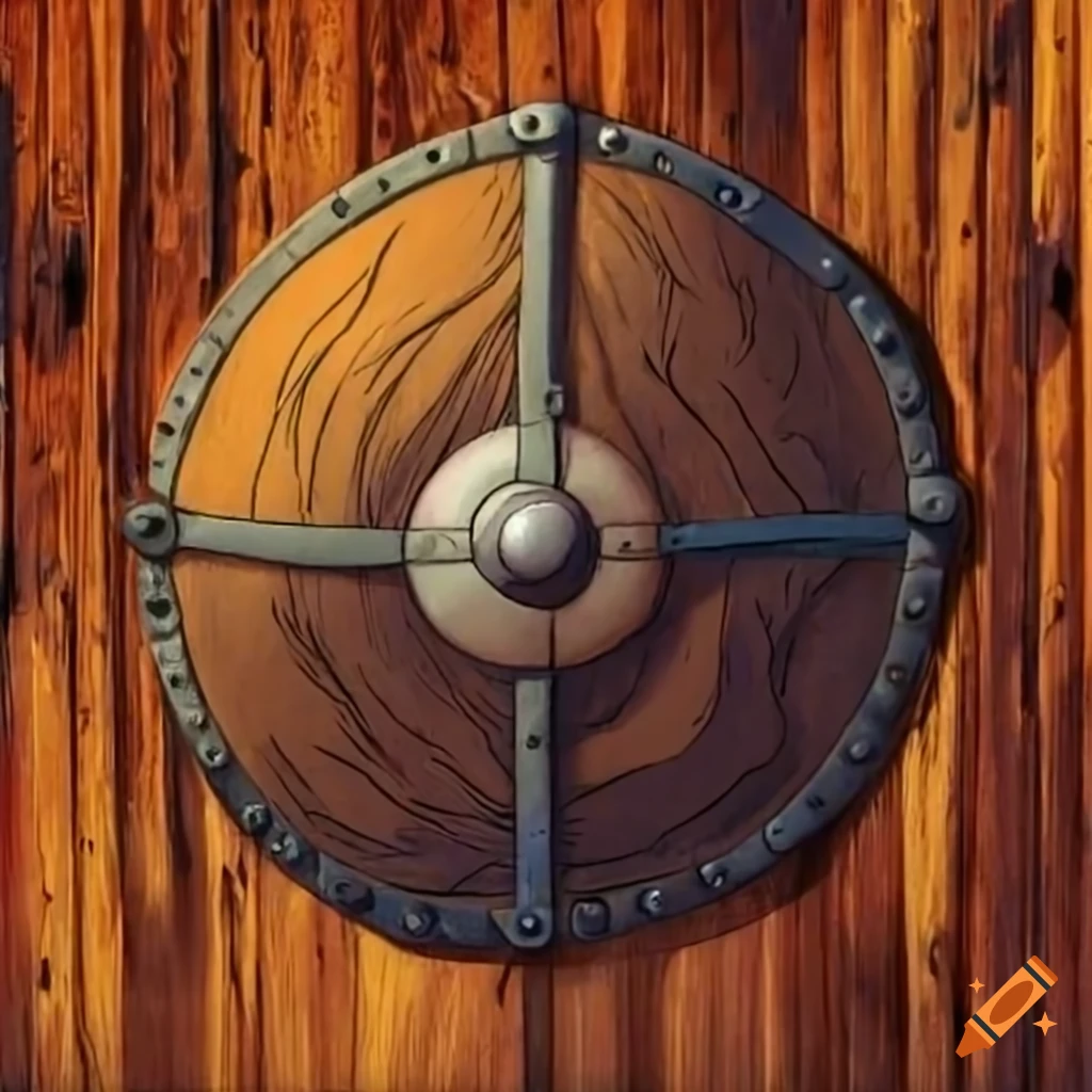 Viking shield displayed on a wooden wall in classic disney animation ...
