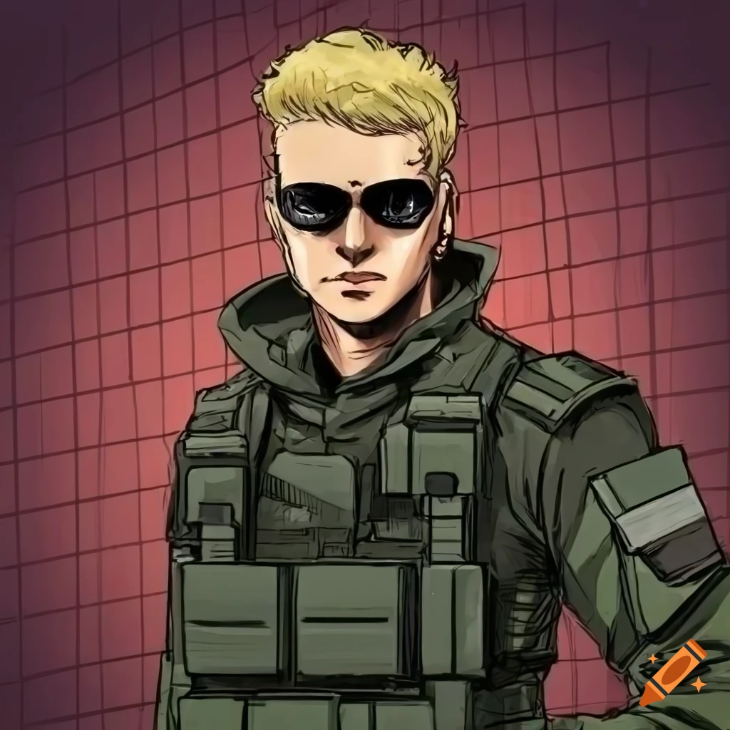 Intense handsome man in tactical military uniform in modern comic style on Craiyon
